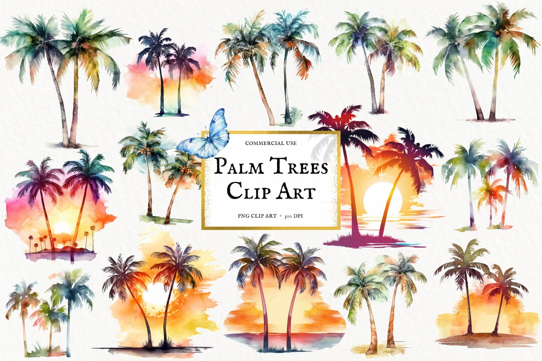 Watercolor Palm Tree Summer Clipart Bundle of 20 Commercial - Etsy