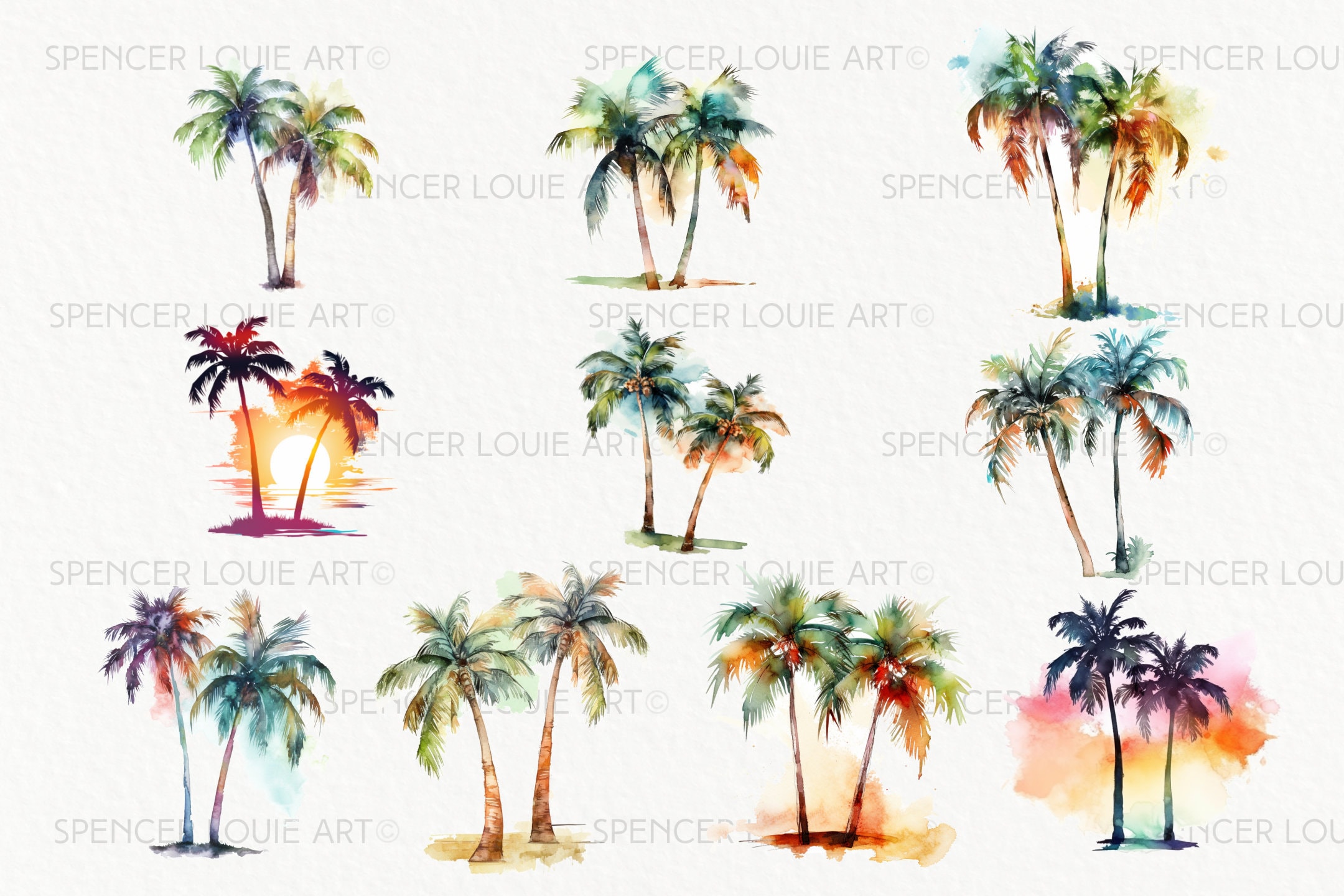 Watercolor Palm Tree Summer Clipart Bundle of 20 Commercial - Etsy