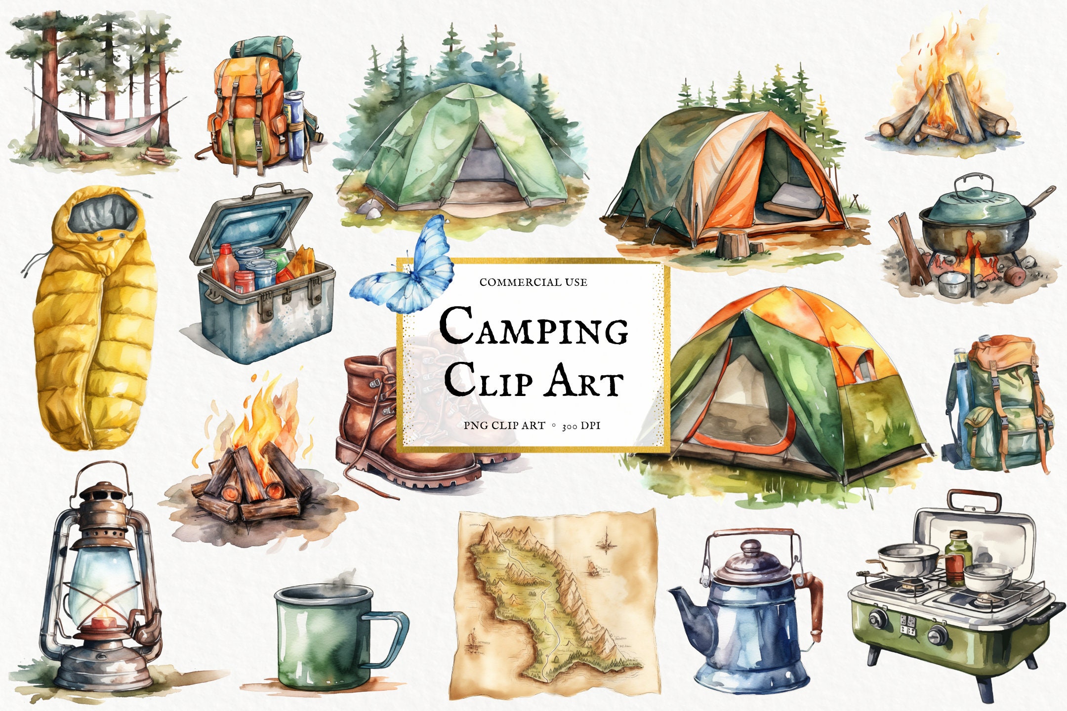 Watercolor Camping Summer Clipart Bundle of 20 Commercial - Etsy
