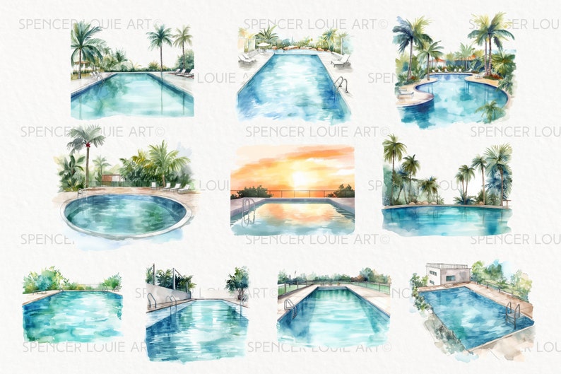 Watercolor Swimming Pools Summer Clipart Bundle of 20 - Etsy