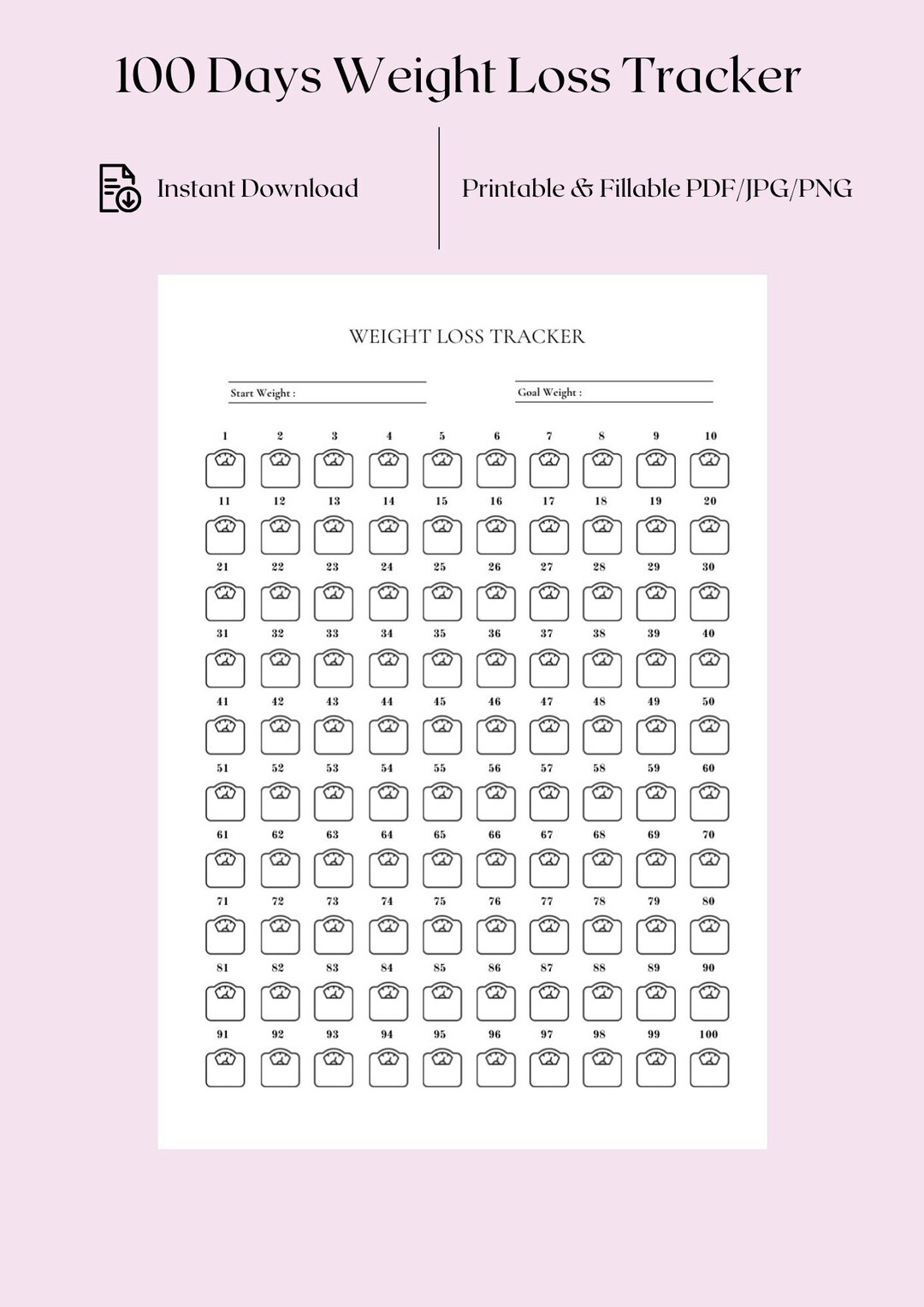 100 Day Weight Loss Tracker Printable, Weight Loss Challenge, Weight ...