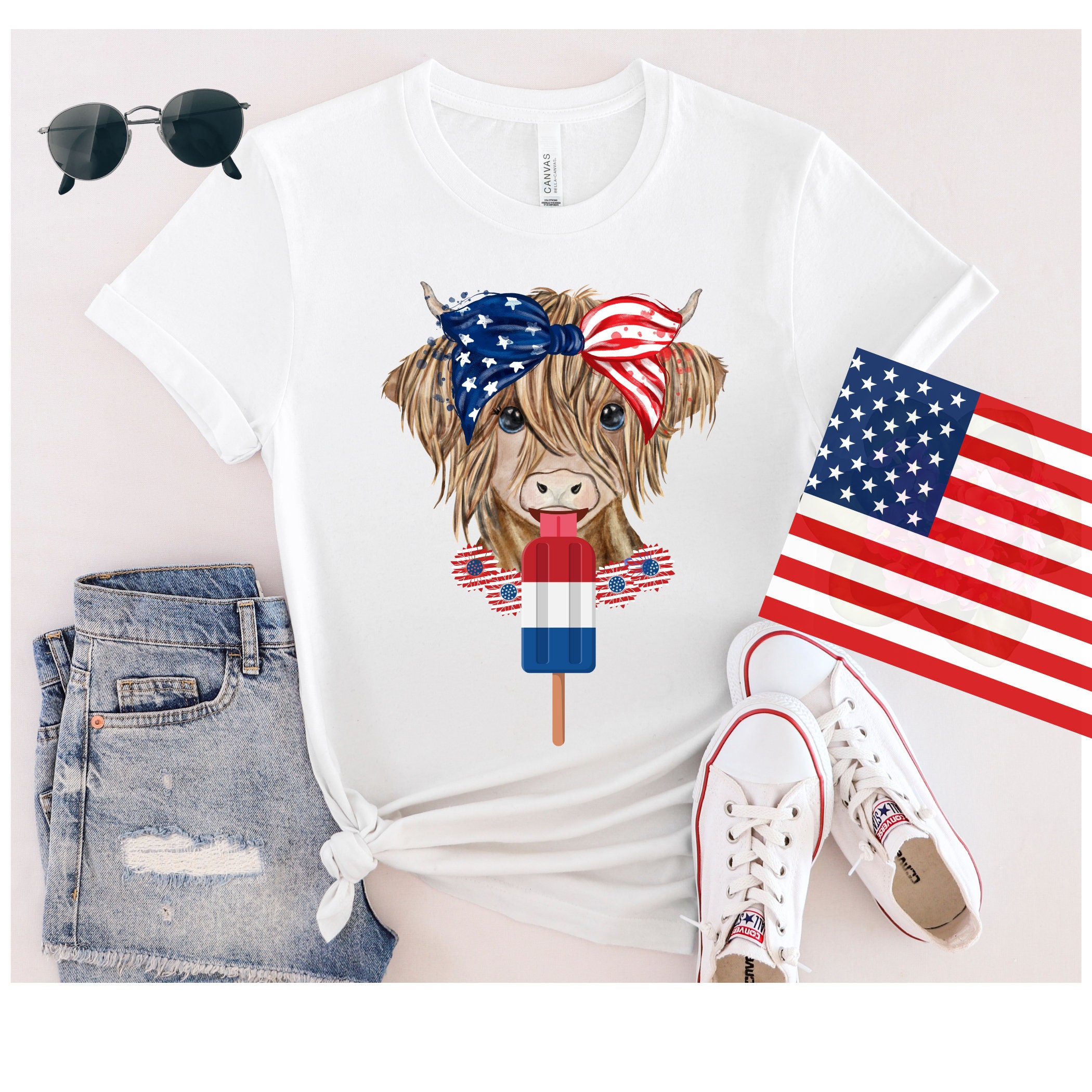 Highland Cow 4th of July PNG, Highland Cow American Flag Sublimation ...