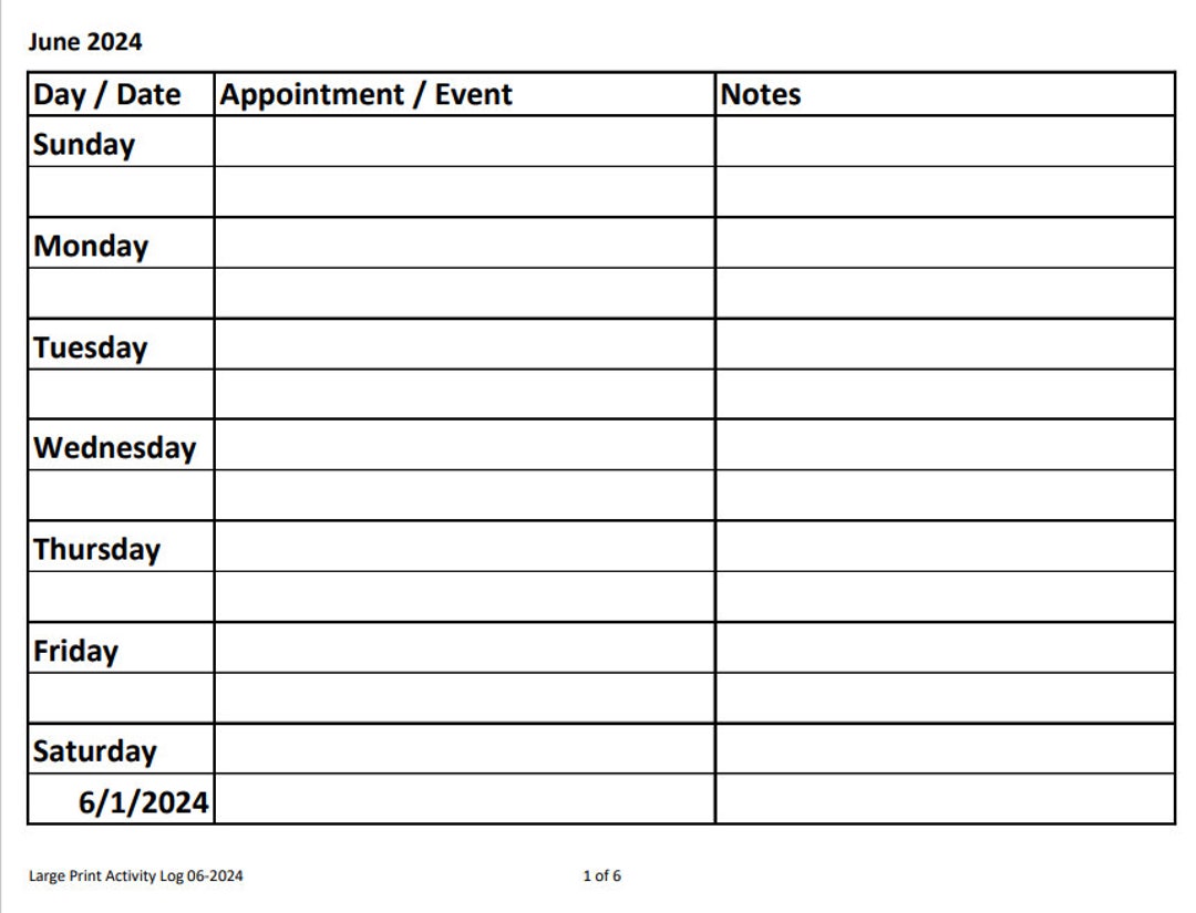 Large Print Document Activity Log 06-2024 - Etsy