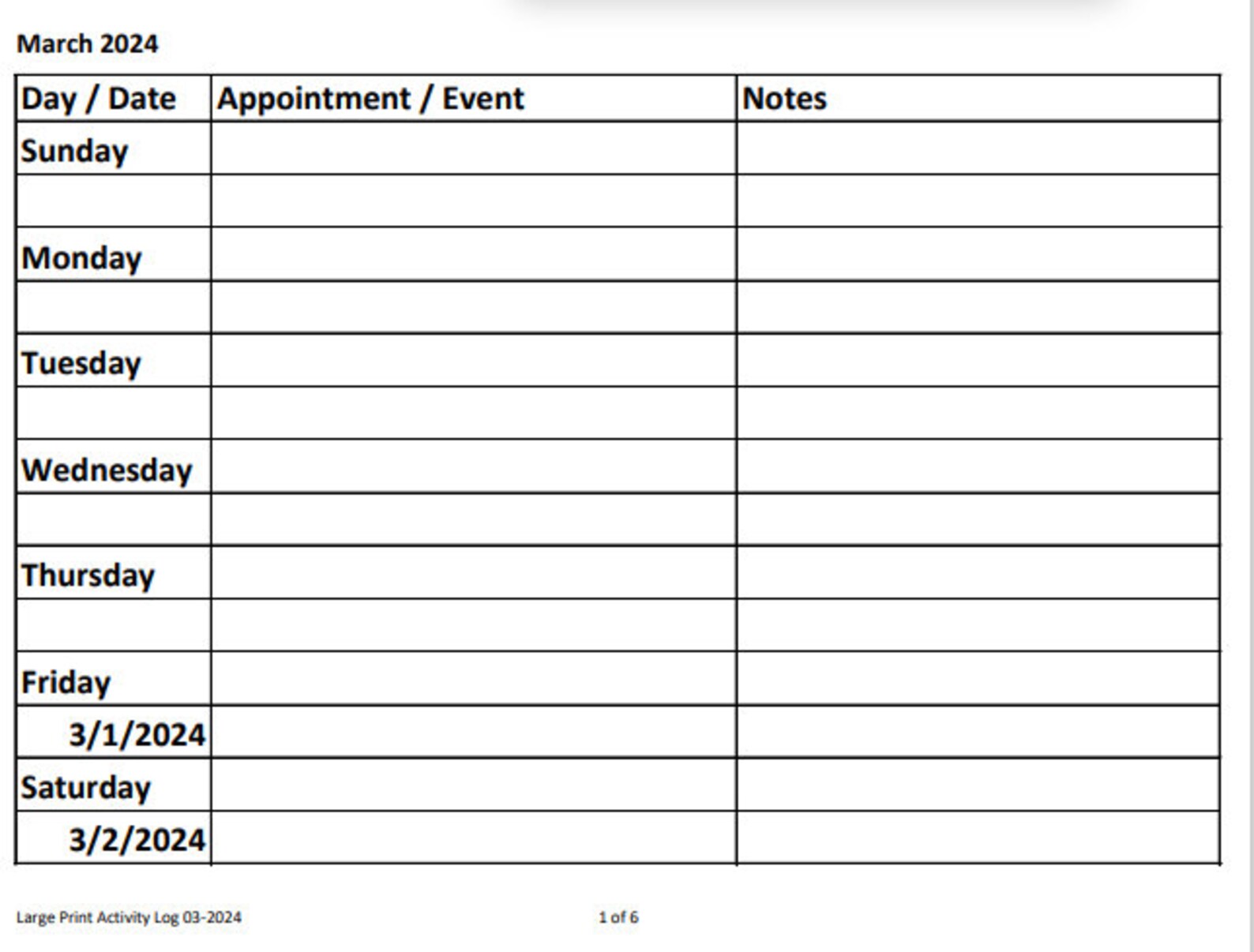Large Print Document Activity Log 03-2024 - Etsy