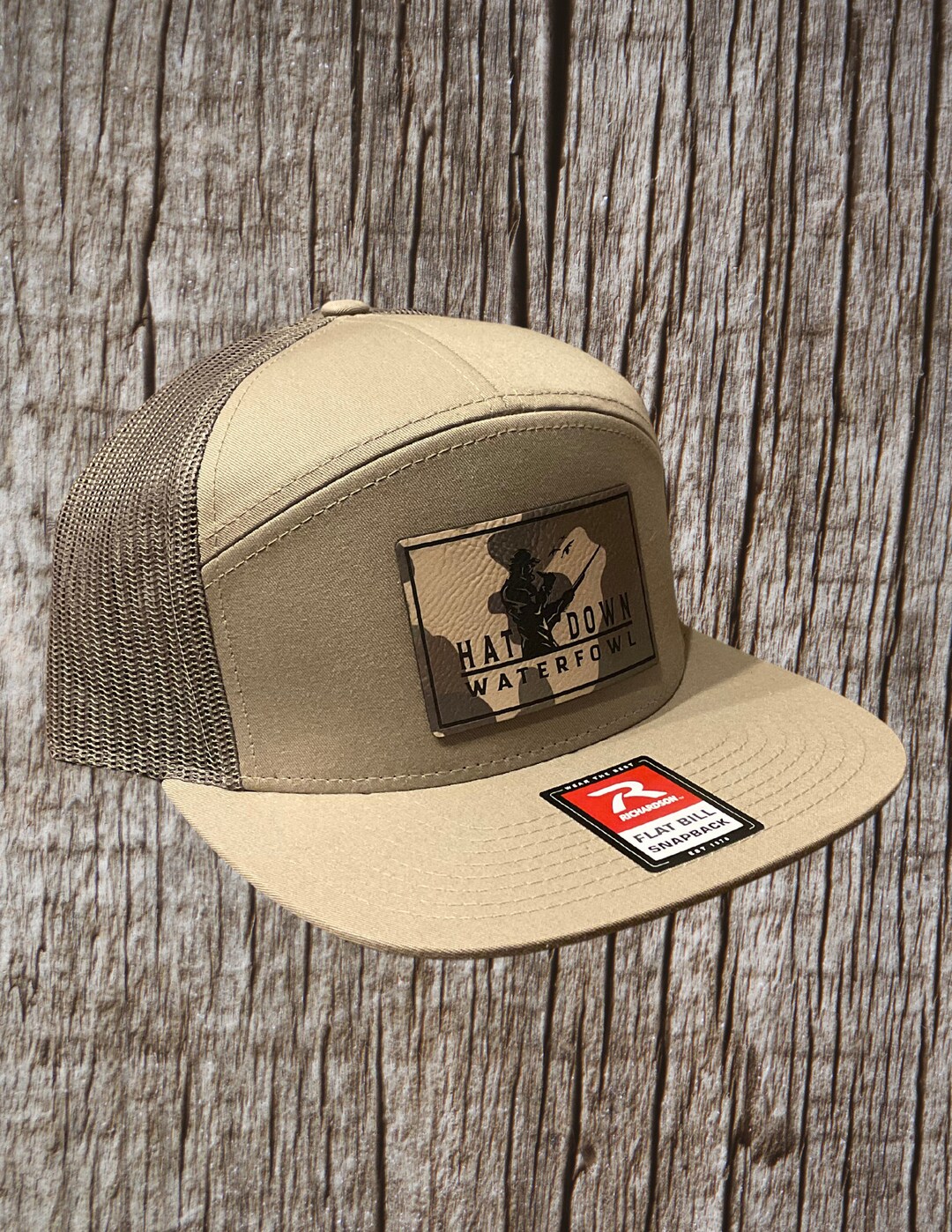 Leather Patch 7 Panel Hats - HDW Main Logo Design - Pale Khaki and ...