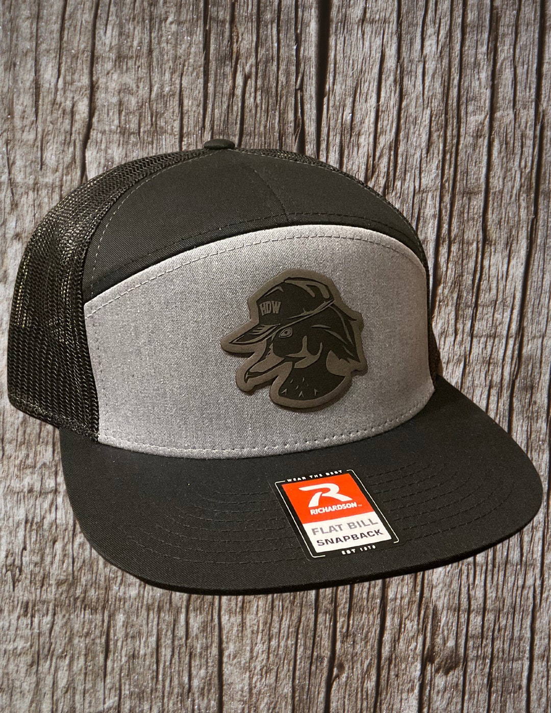Leather Patch 7 Panel Hats - HDW Wood Duck Design - Heather Grey and ...