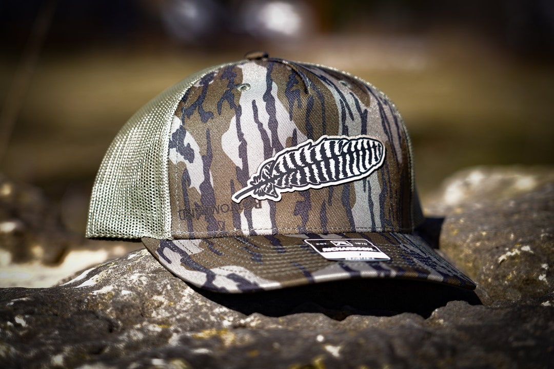 Leather Patch Trucker Hat - Turkey Feather Patch - Mossy Oak Bottomland ...