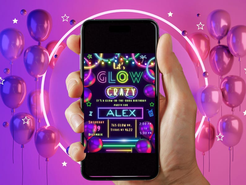 Glow Party Invitation: Neon Birthday, Editable Template (instant ...