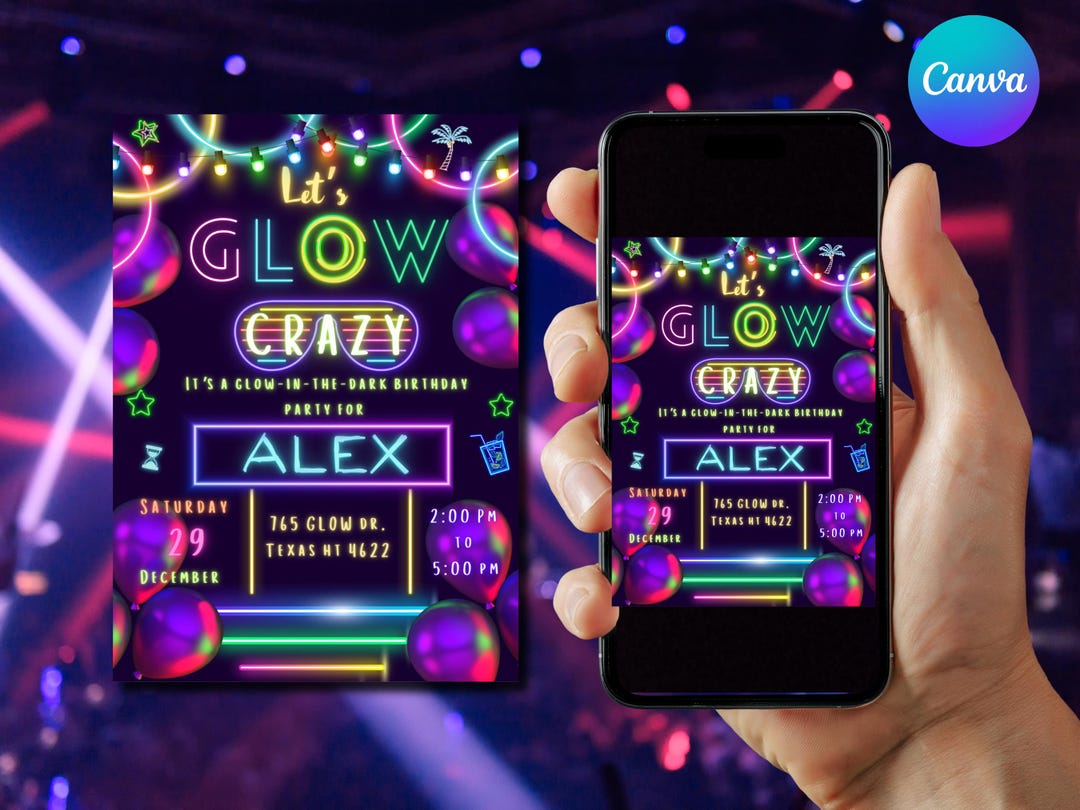 Glow Party Invitation: Neon Birthday, Editable Template (instant ...