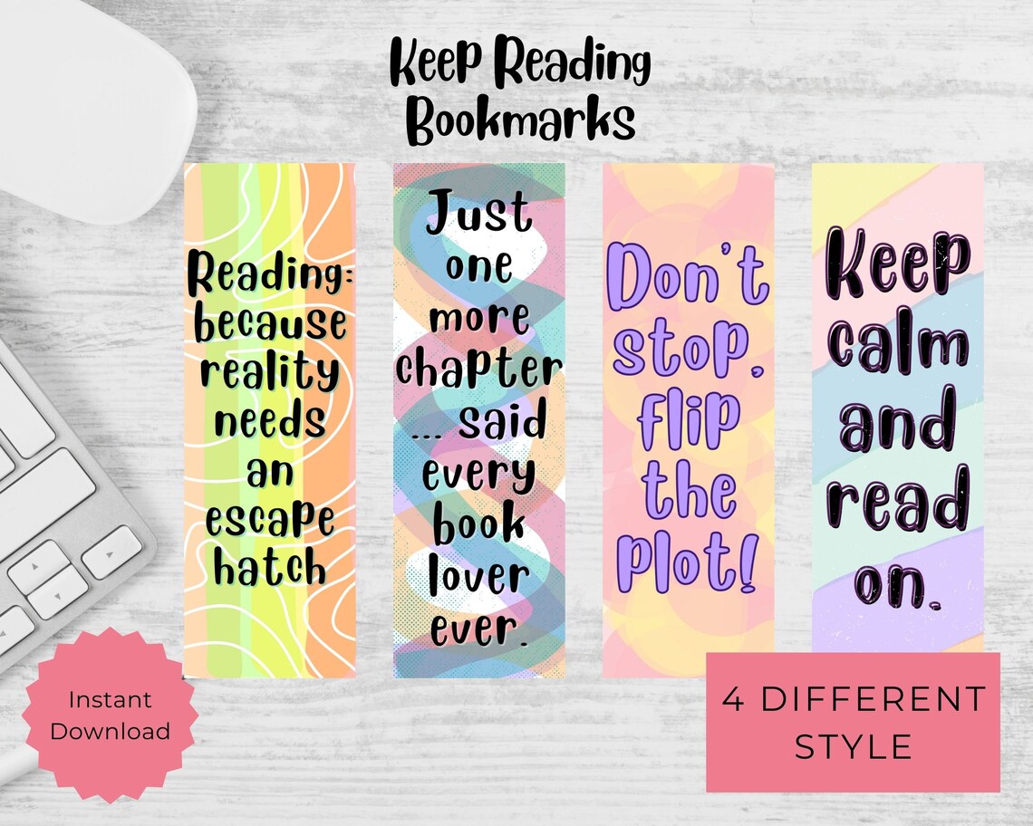 Set of 4 Printable 2x6 Bookmarks With Cute Catchy Phrases Instant ...