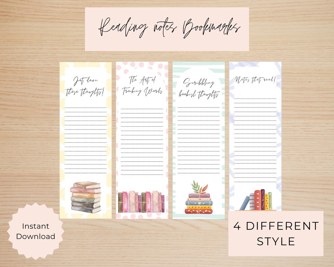 Set of 4 Printable 2x6 Reading Bookmarks for Note-taking Instant ...