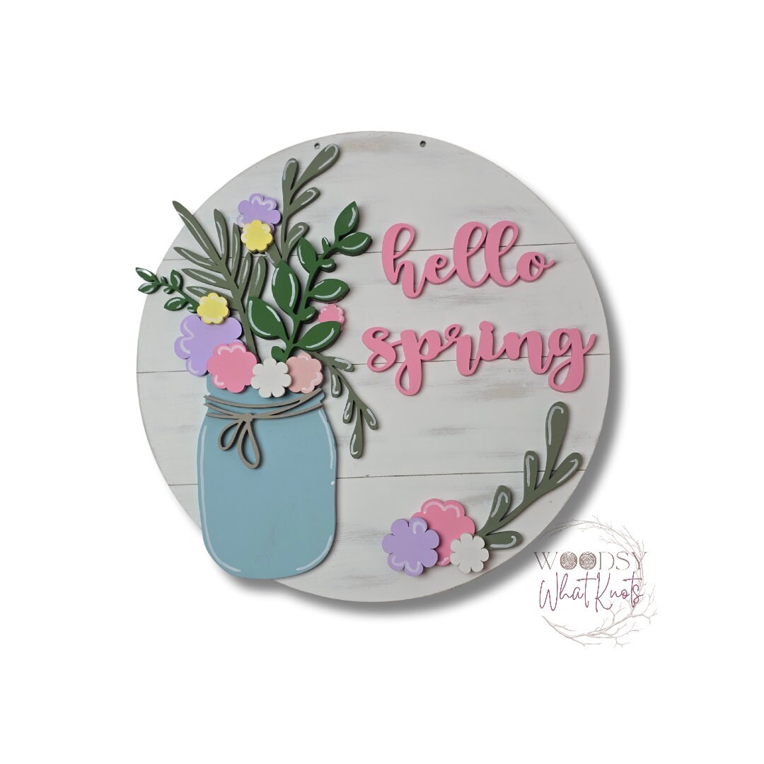 Spring Door Hanger Spring Welcome Sign Hello Spring Mason Jar Spring ...
