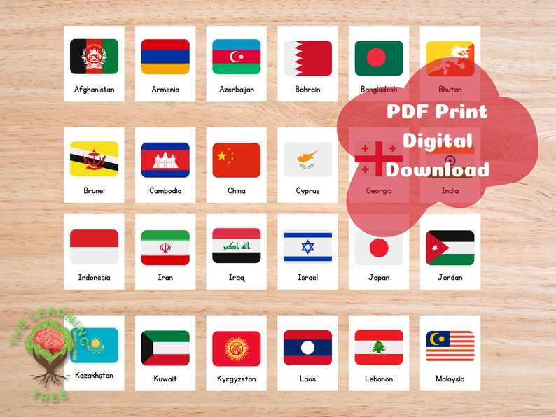 Asian Country Flags Flashcards Digital Download Educational Flashcards ...