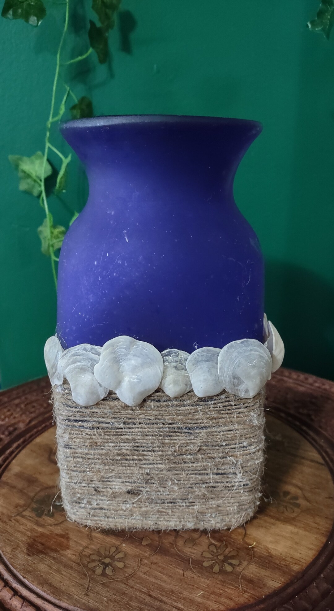 Dark Blue Glass Vase With Seashell and Twine Accents - Etsy