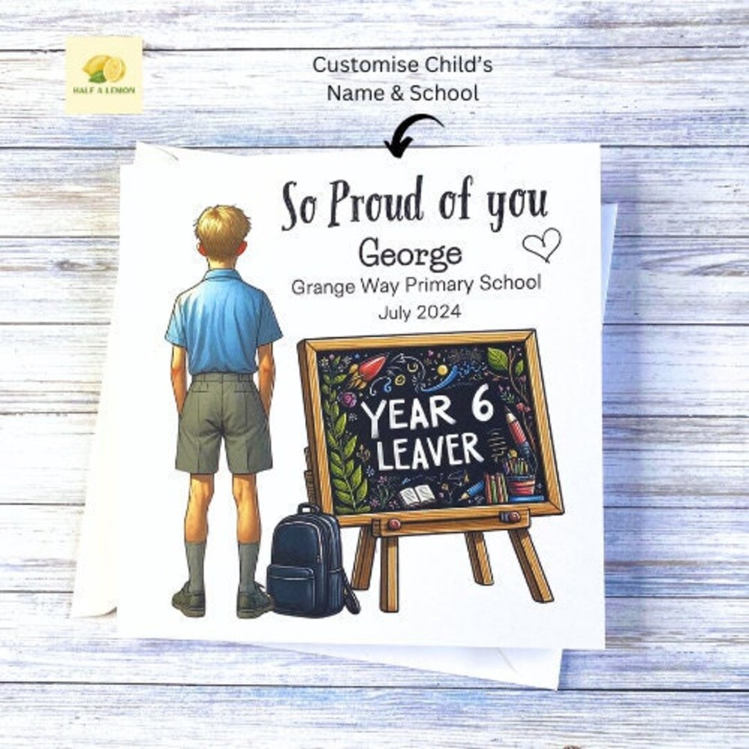 Year 6 Leavers Card, Personalised Year 6 Leavers Card, Blue Top, Grey ...