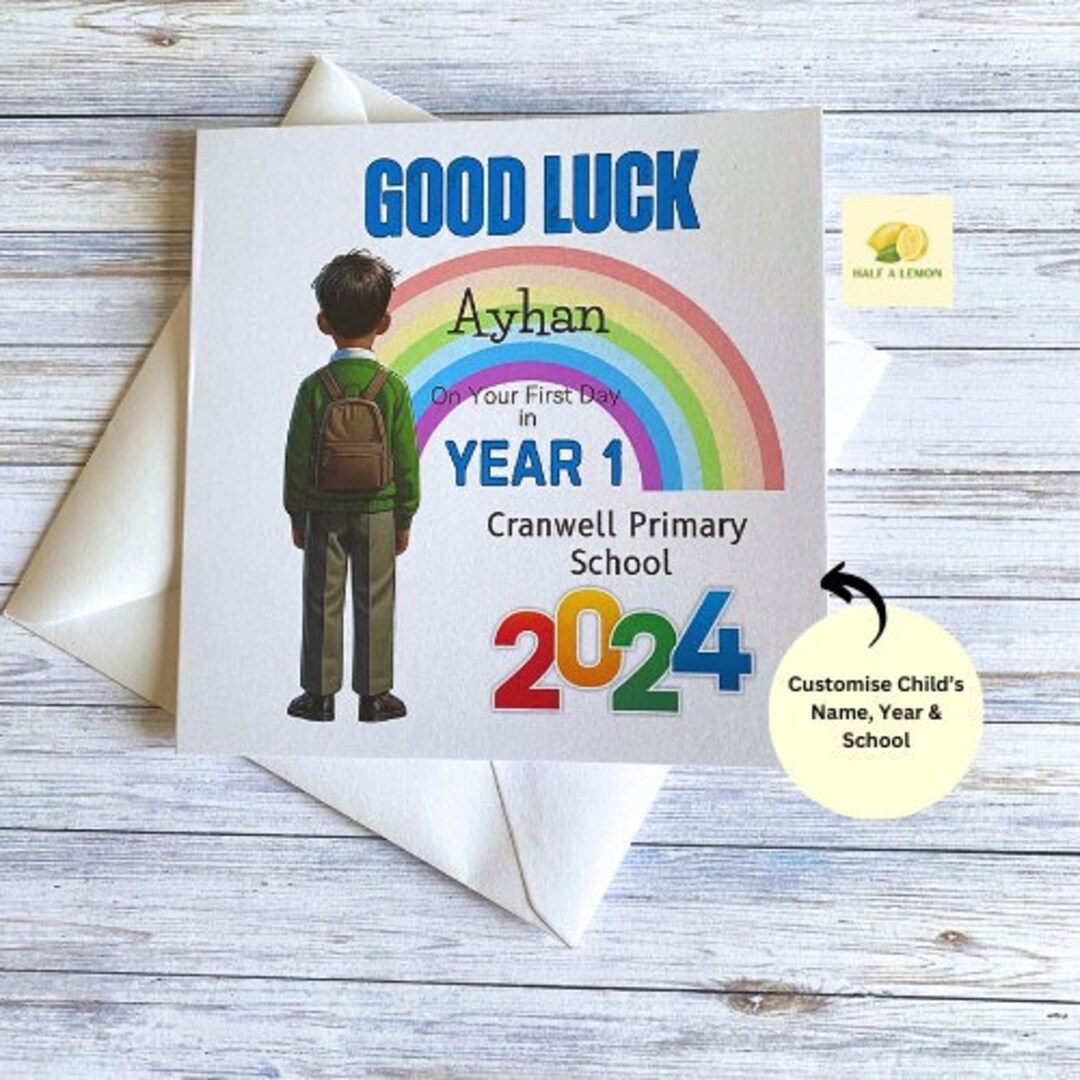 Good Luck First Day at School Card, Back to School, Boy, Dark Hair ...
