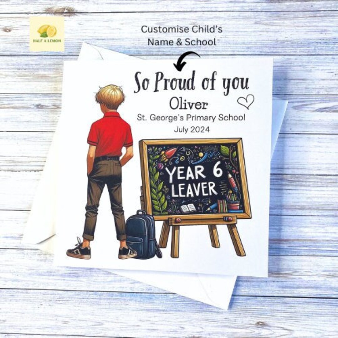 Year 6 Leavers Card, Personalised Year 6 Leavers Card, Red Top, Black ...