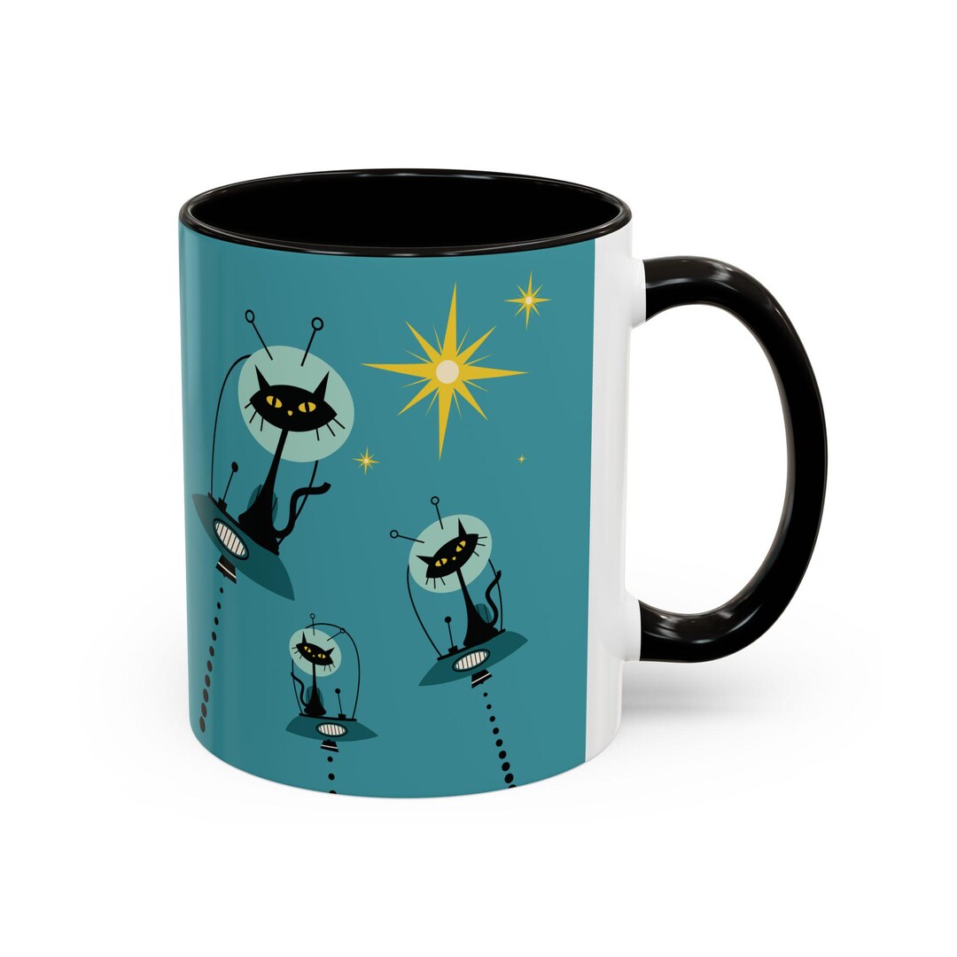Atomic Black Cat Space Mugs, Mid Century Modern Black Cat Cup, MCM ...