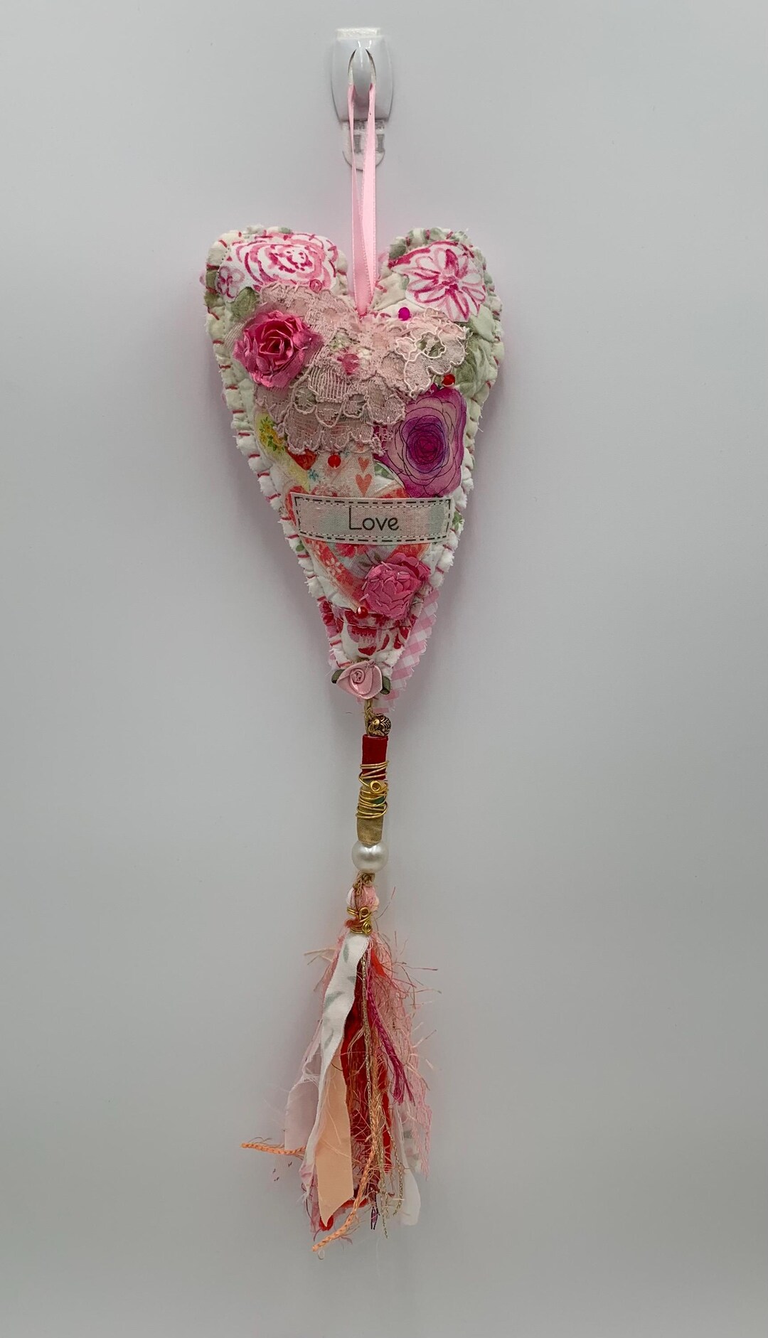 Hanging Heart, Hand Beaded Heart, Romantic Vintage Pink Heart, Upcycled ...