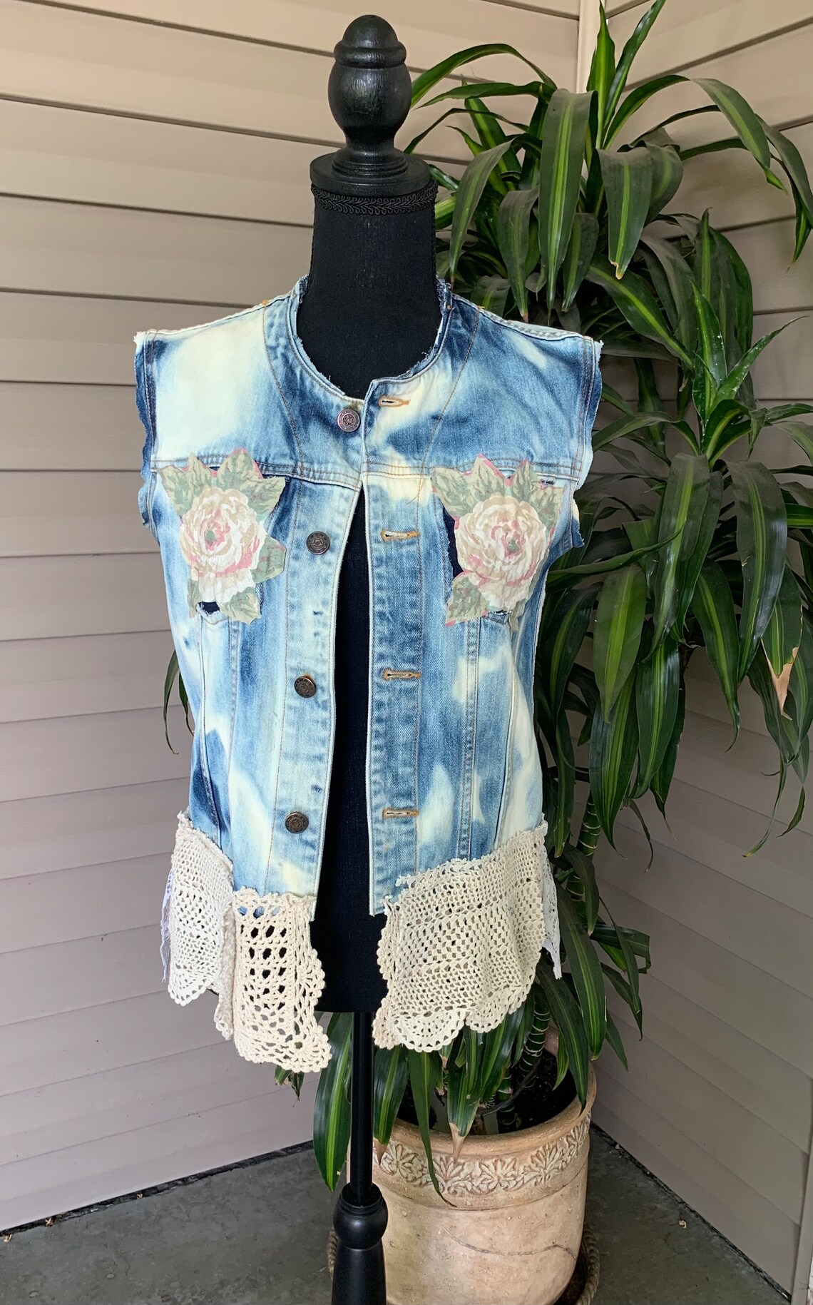 Denim Vest, Upcycled Vest, Boho Vest, Patched Vest, Denim & Lace Vest ...