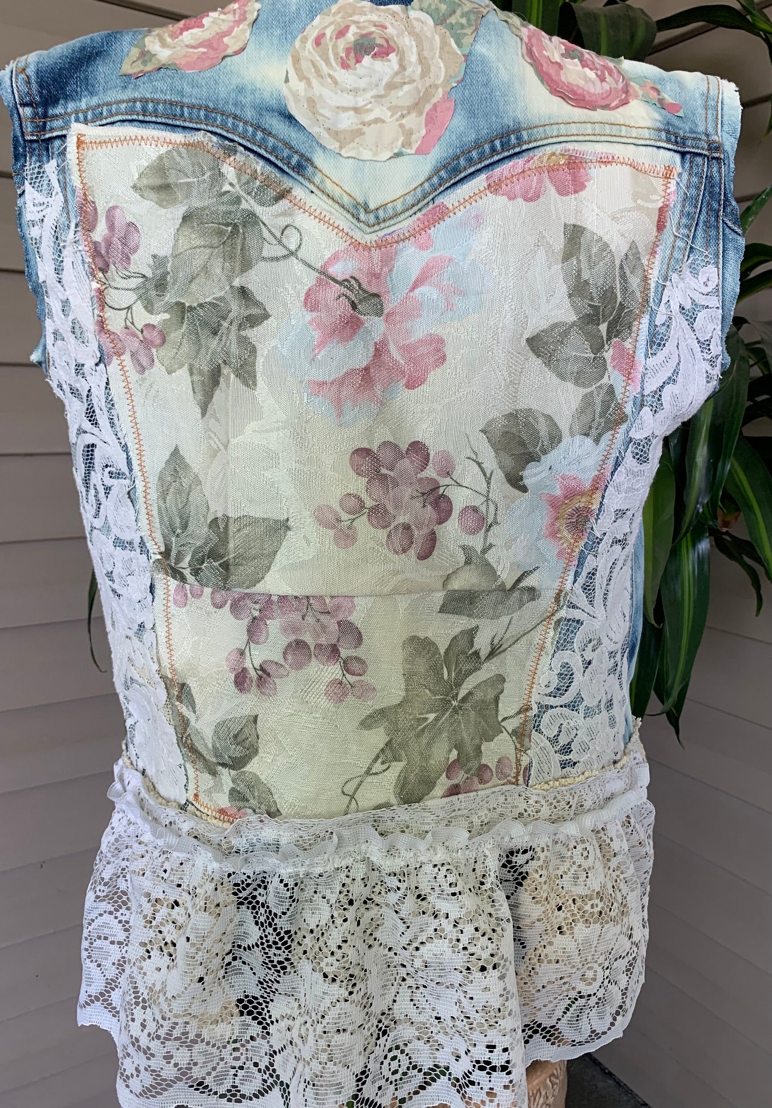 Denim Vest, Upcycled Vest, Boho Vest, Patched Vest, Denim & Lace Vest ...