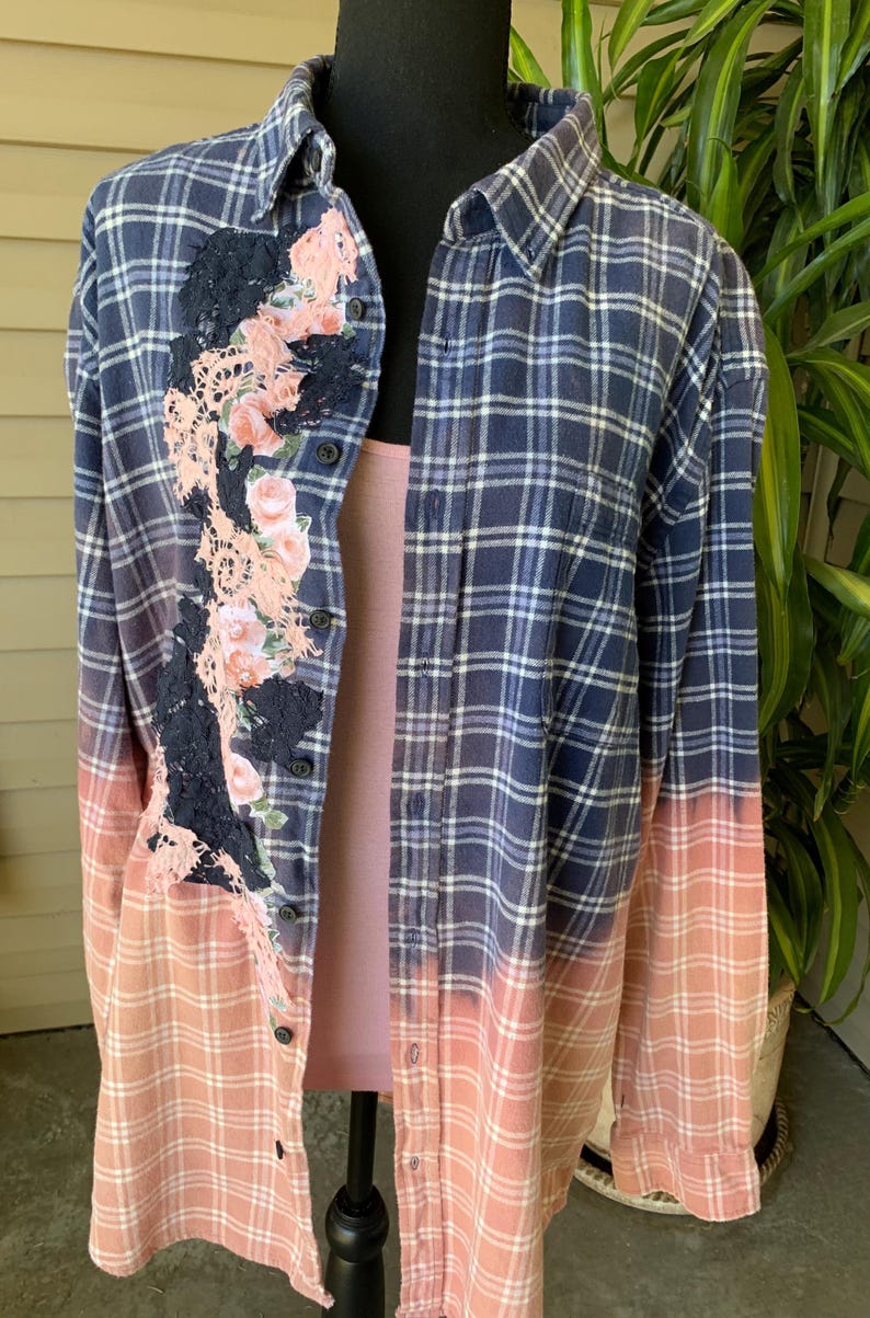 Upcycled Flannel Shirt | Floral & Lace Appliqué, Raw Edge Boho Jacket ...