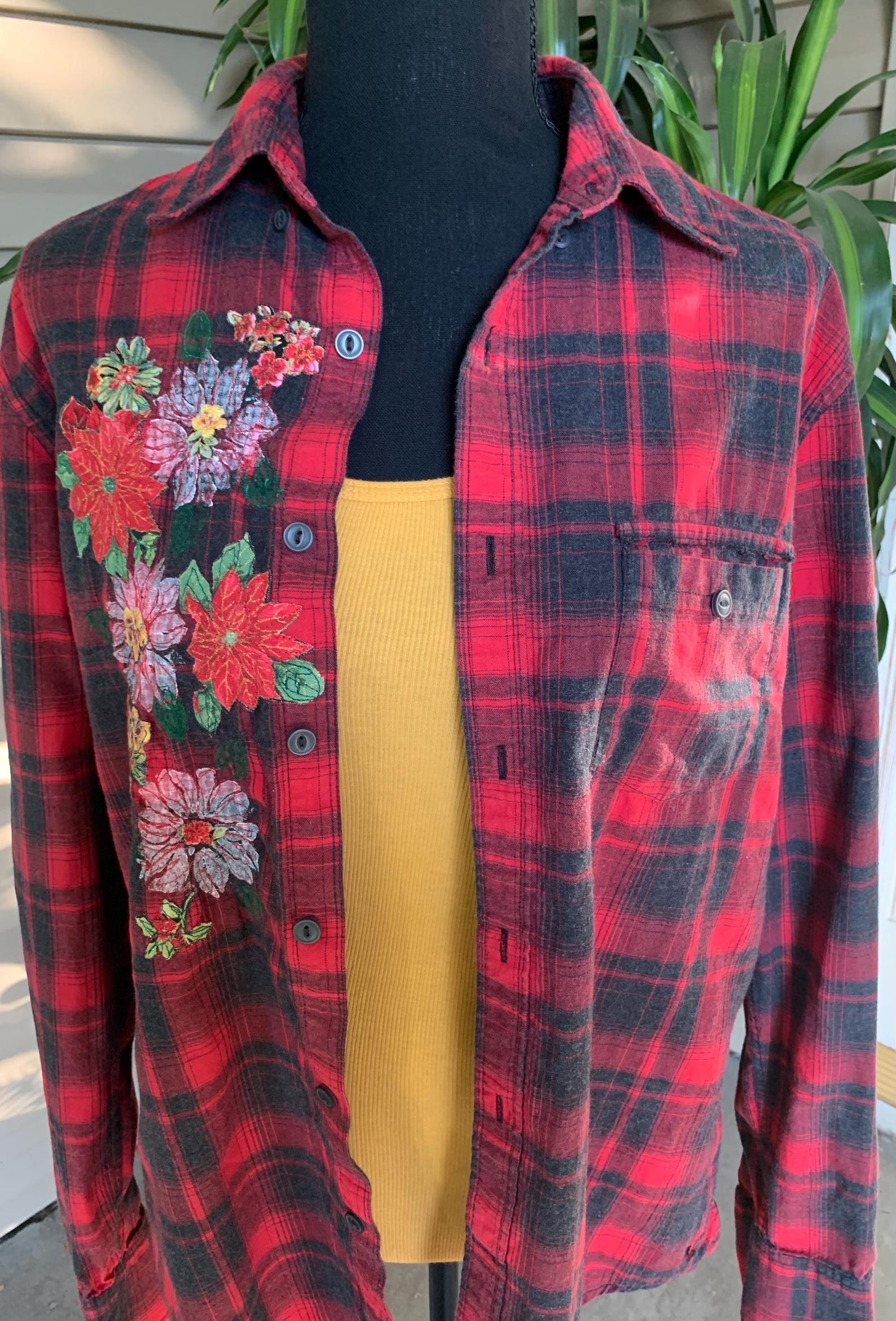 Upcycled Medium Christmas Flannel Shirt: Red Plaid With Floral Patches ...