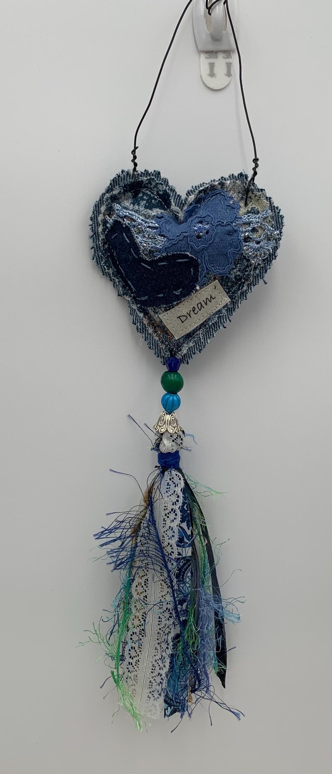 Hanging Heart, Heart on Wire, Upcycled Heart, Denim Heart, Heart With ...