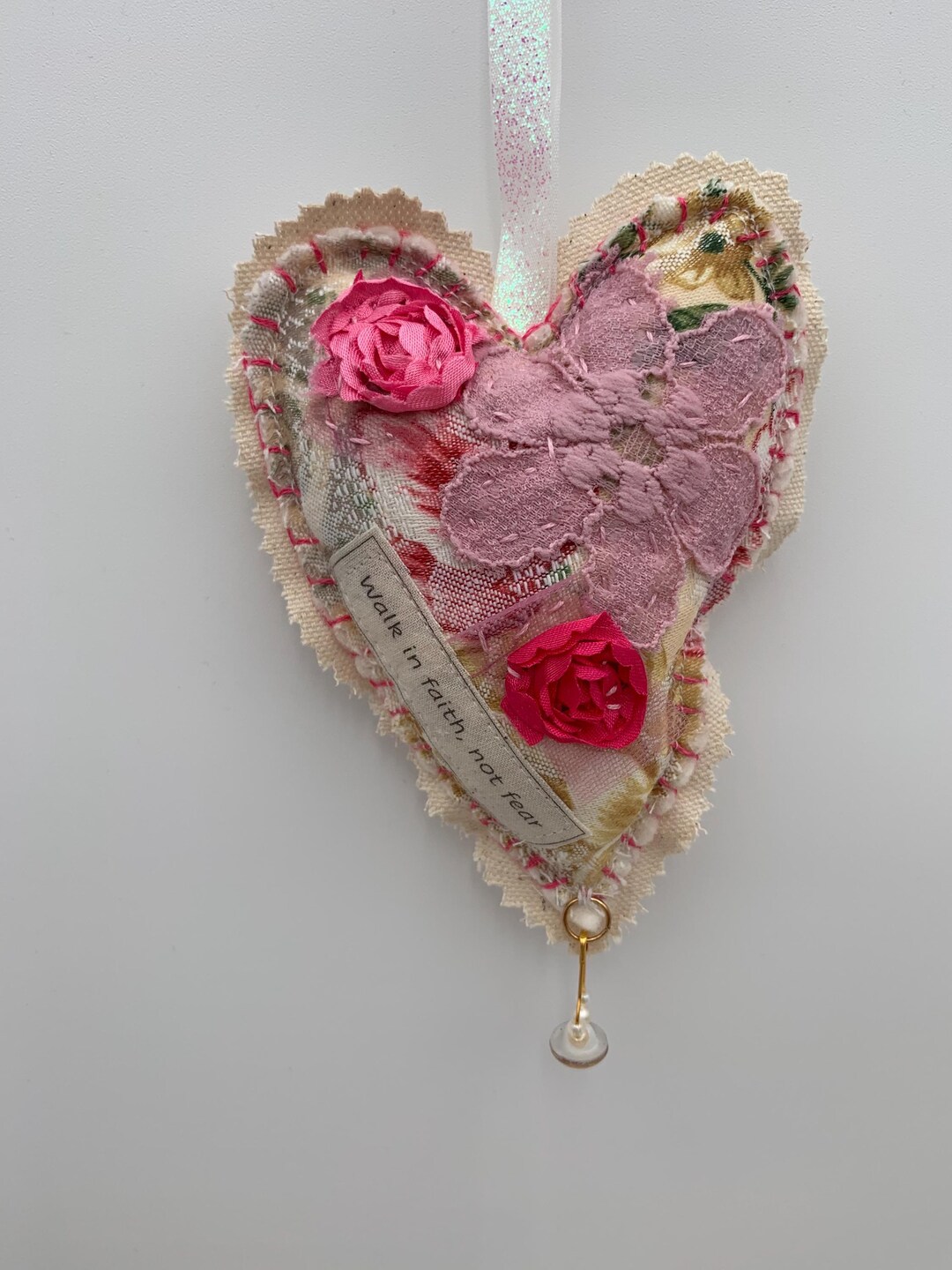 Hanging Heart, Valentine Heart, Fabric Heart, Upcycled Heart, Hand ...