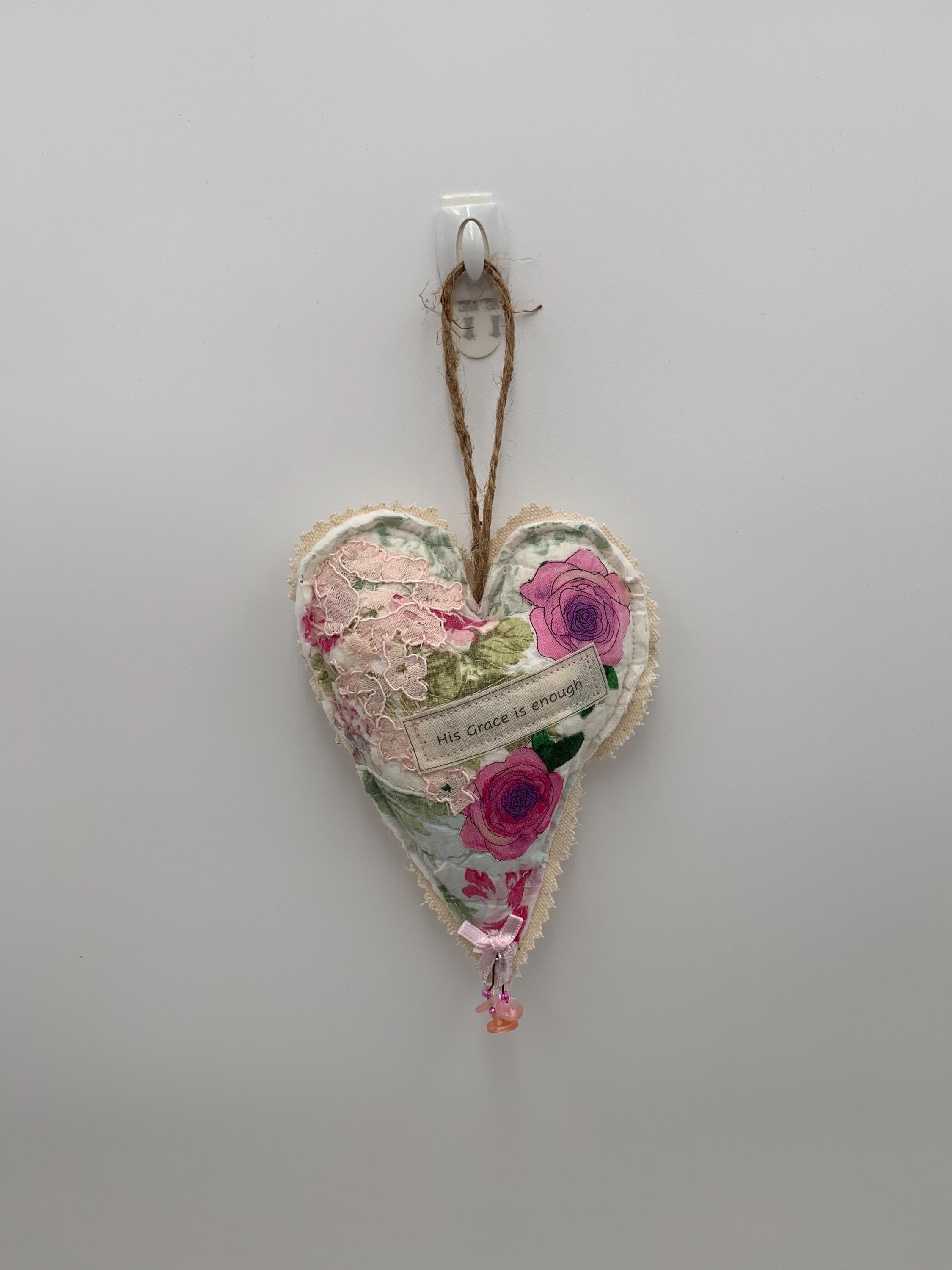 Hanging Heart, Valentine Heart, Fabric Heart, Hand Embroidered Heart ...