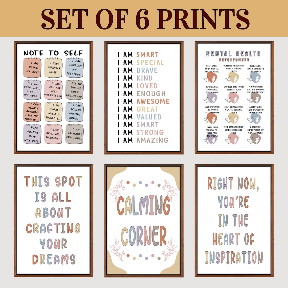 Calming Corner Posters, Mental Health Print Set of 6 Decor, Therapy ...