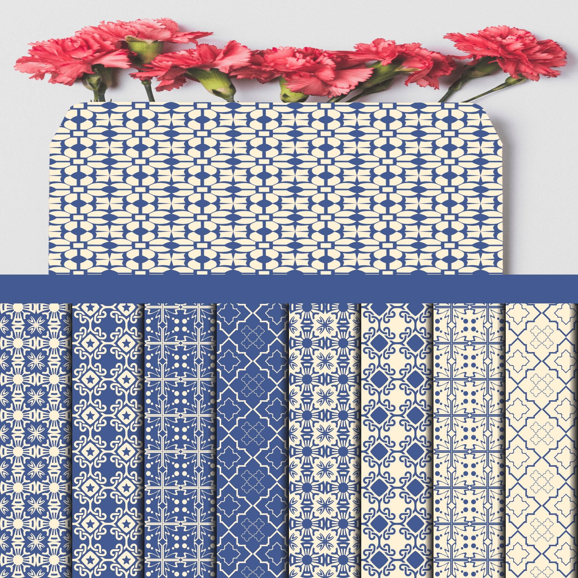 Blue and Cream Pattern Digital Paper, Chevron, Polka Dots, Stripes ...