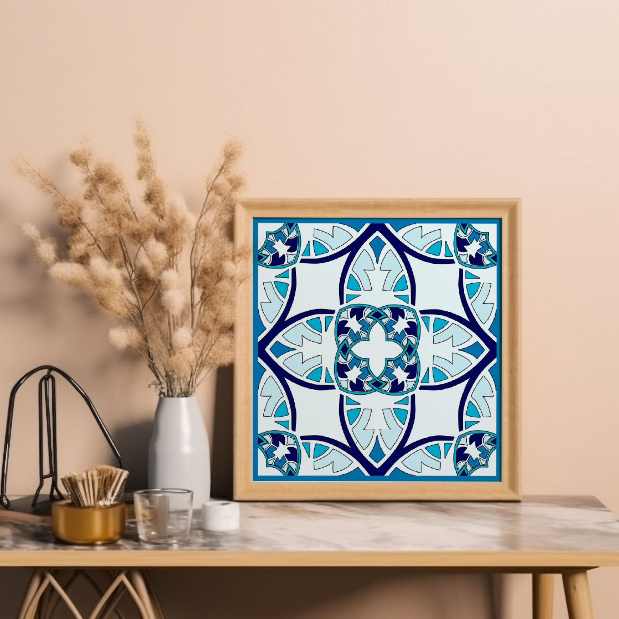 Vintage Blue Tile Wall Poster, Set of 6 Ottoman Style Tiles, Decoration ...
