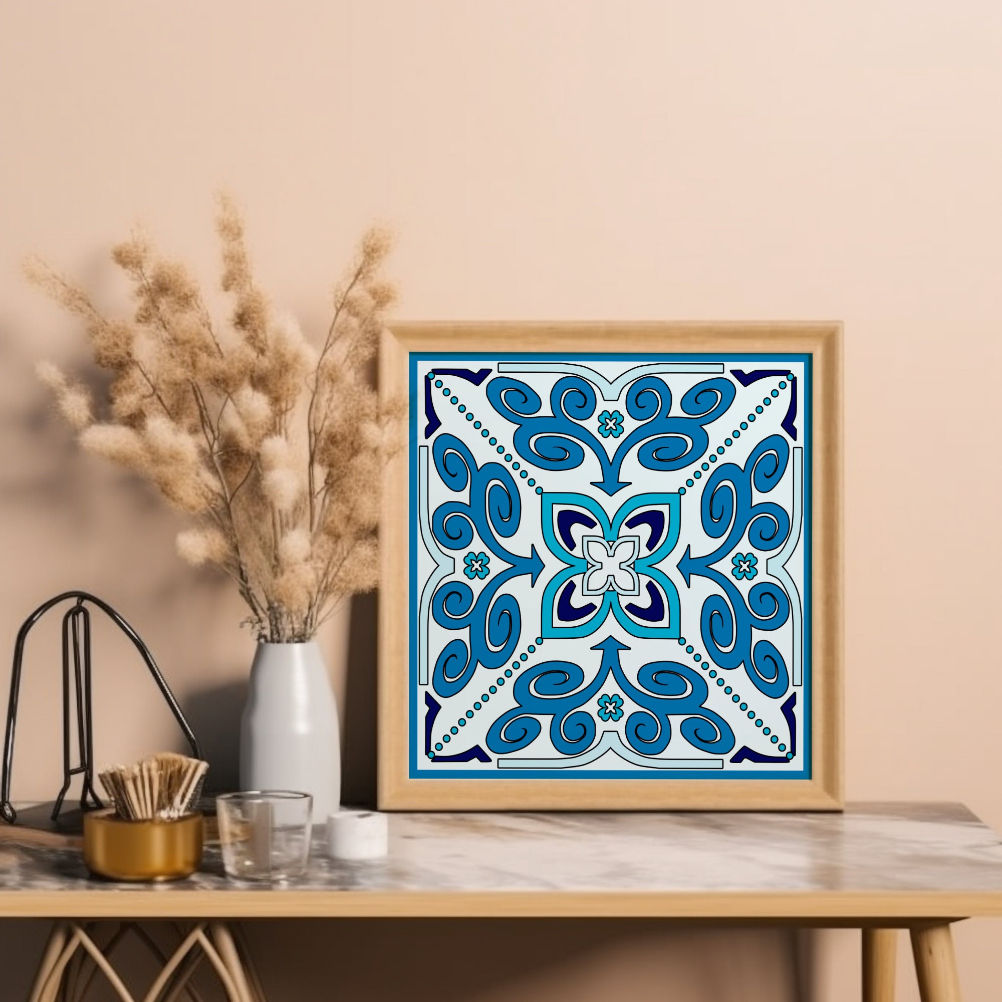 Vintage Blue Tile Wall Poster, Set of 6 Ottoman Style Tiles, Decoration ...