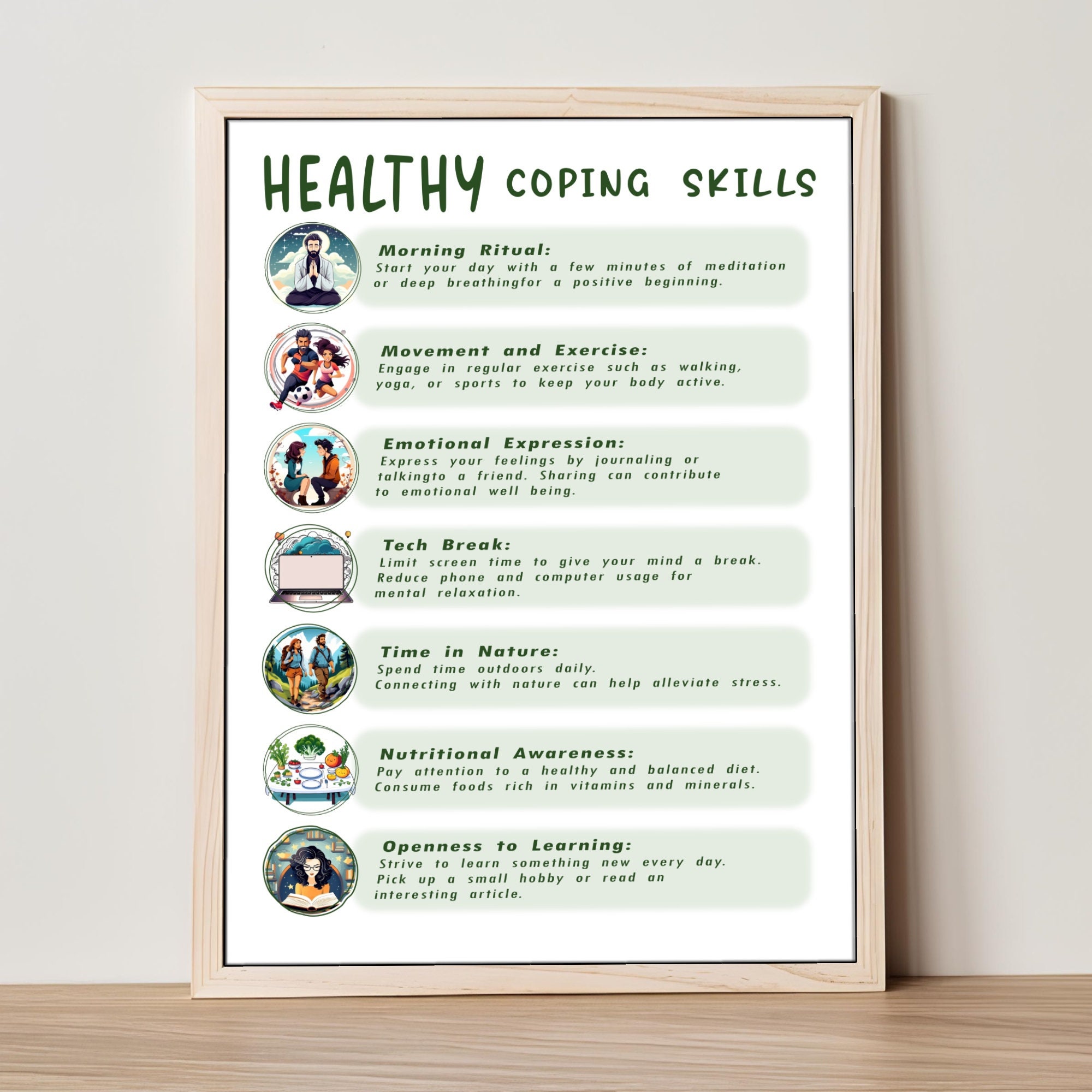Health Coping Skills Sage Green Poster 3 Set, Therapy Office, Stress ...