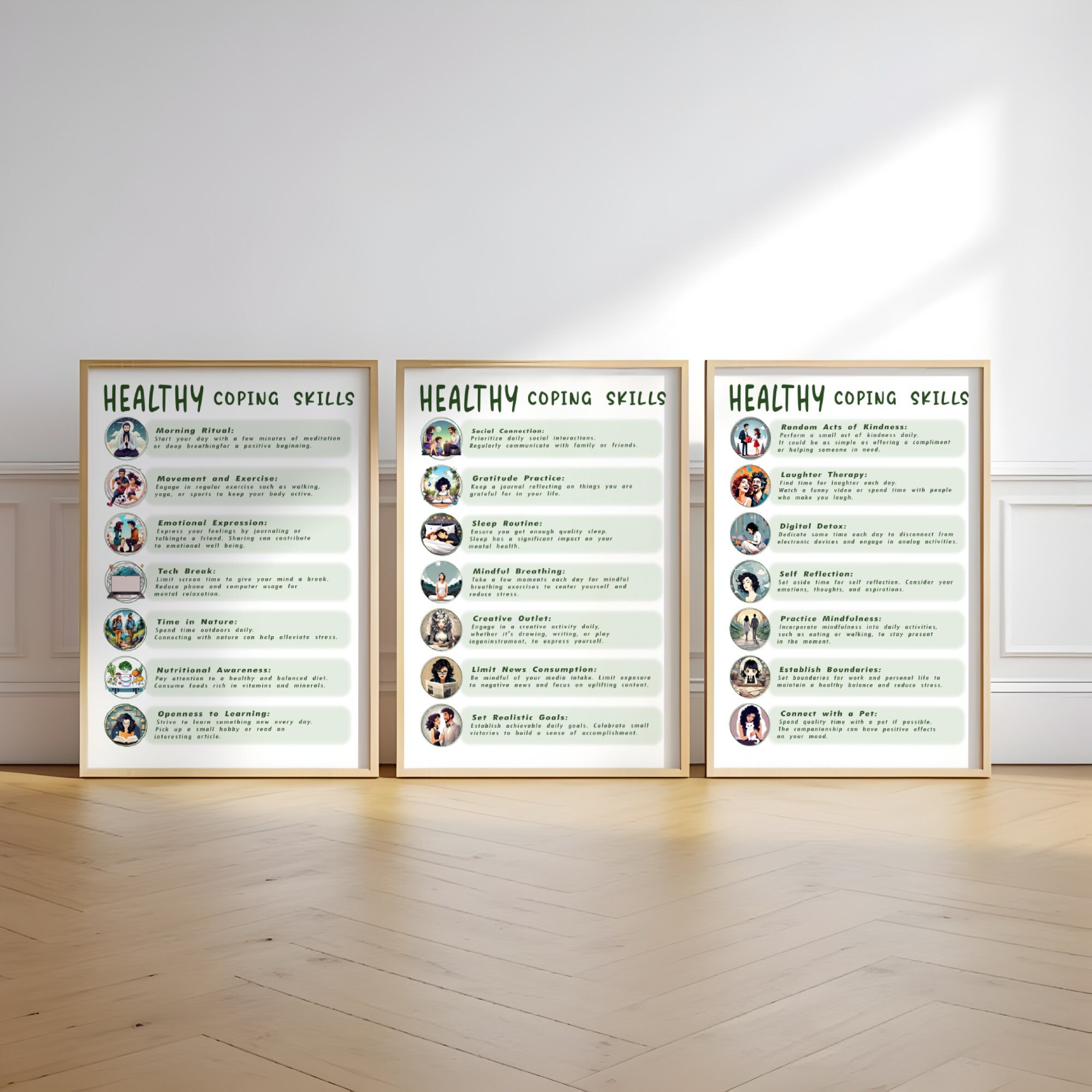 Health Coping Skills Sage Green Poster 3 Set, Therapy Office, Stress ...