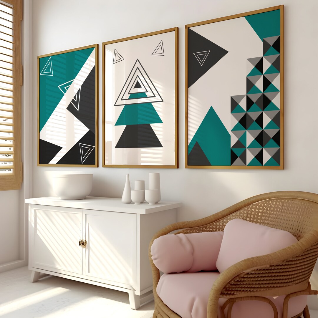 Modern Wall Art Set of 3, Harmony of Dark Turquoise and Black Colors in ...