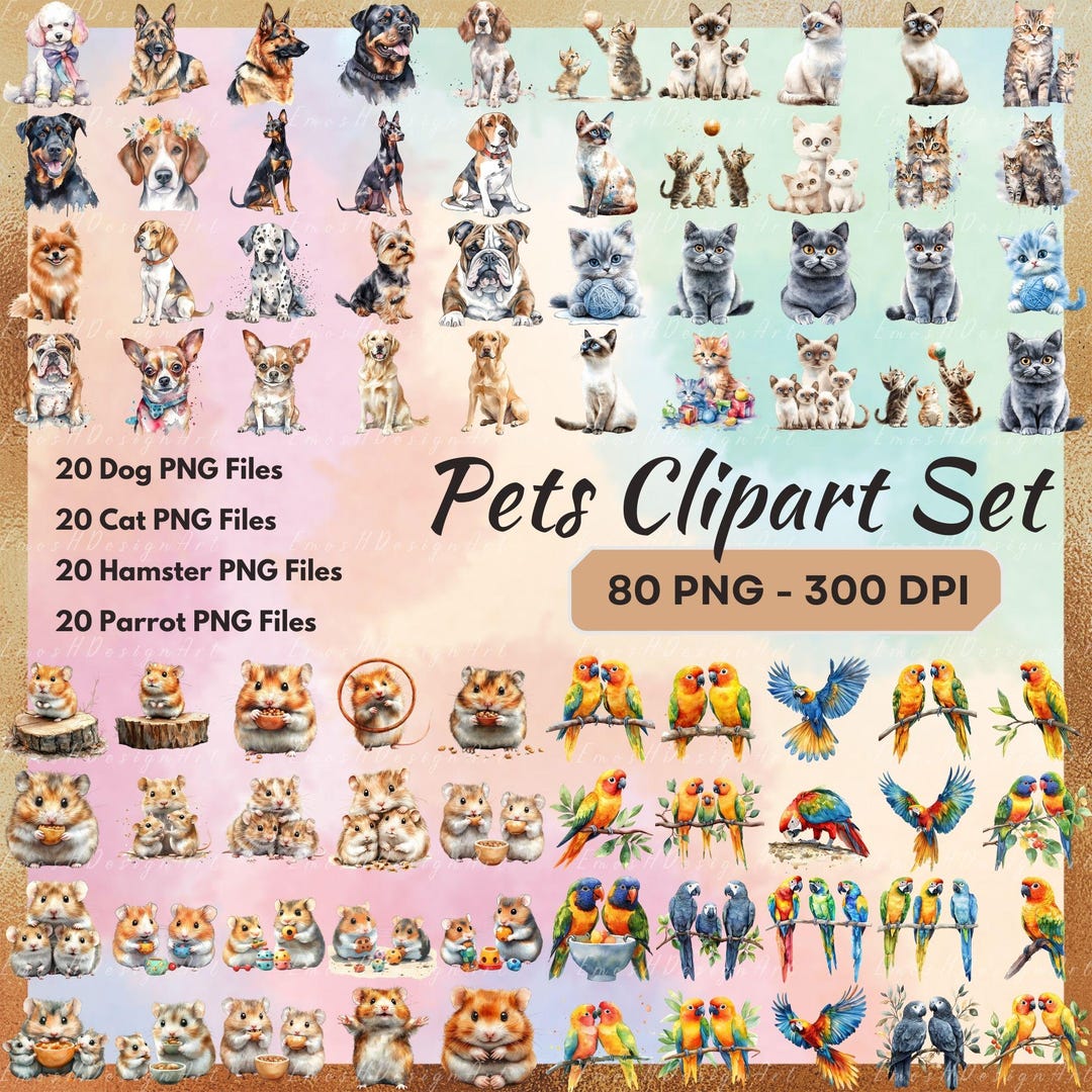 Watercolor Pets Clip Art Collection, Cute Cat Clipart, Transparent ...