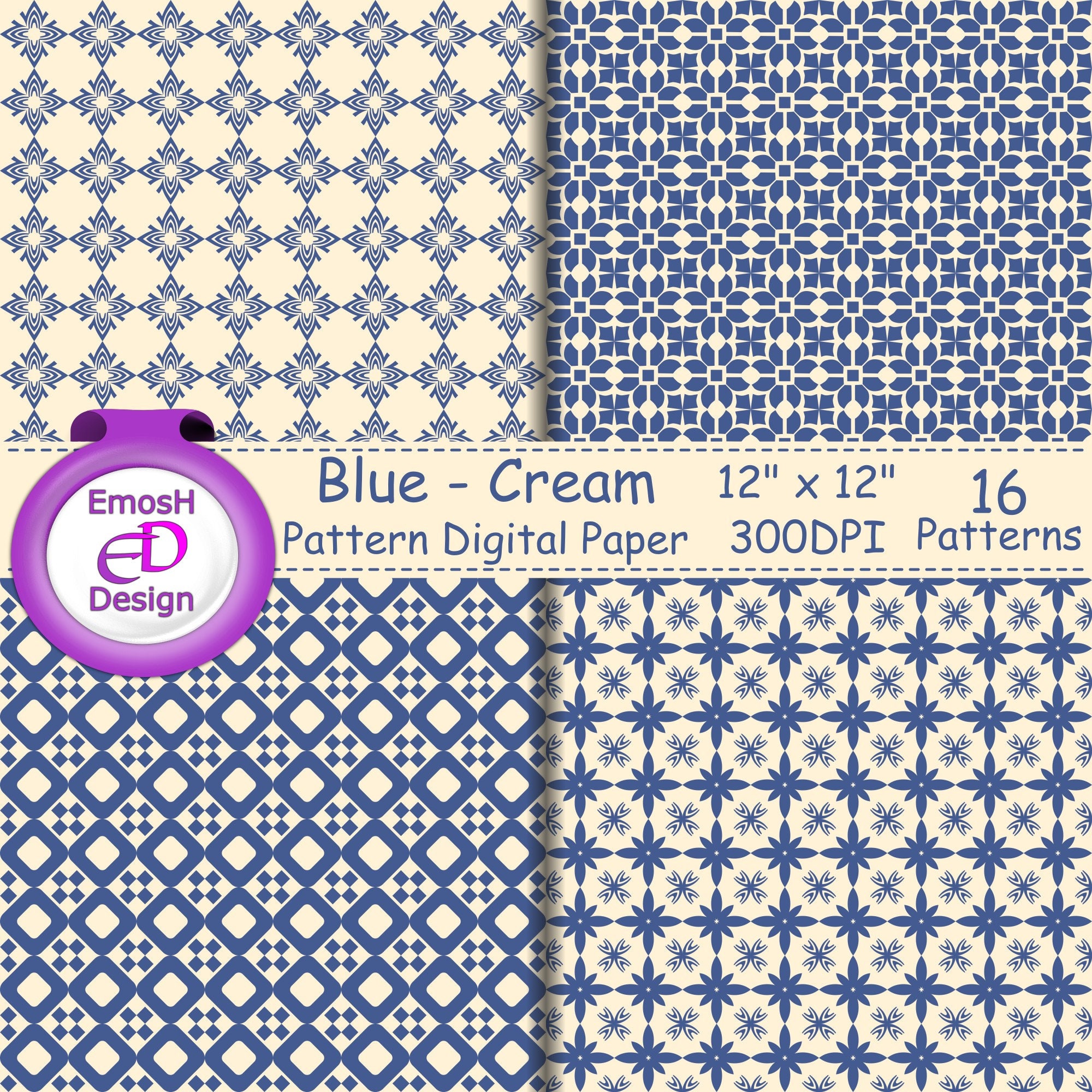Blue and Cream Pattern Digital Paper, Chevron, Polka Dots, Stripes ...