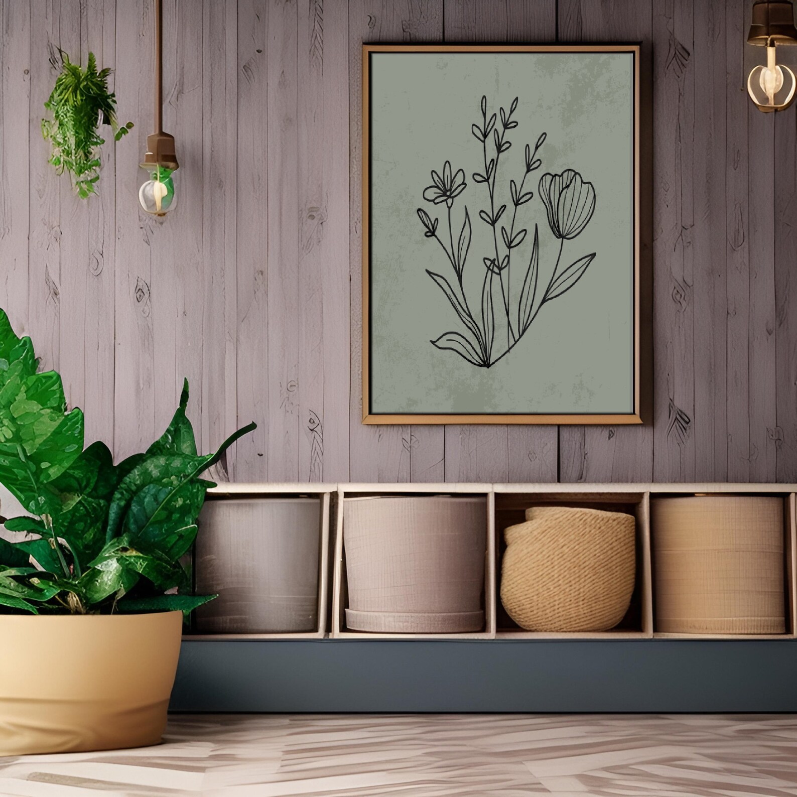 Scandinavian Sage Green Wild Flower Wall Art Black Botanical - Etsy