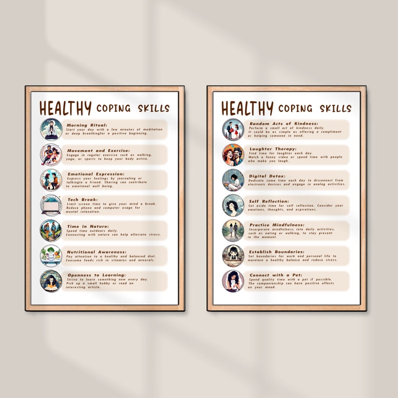 Healthy Coping Skills Beige Poster, Therapy Office Decor Stress ...