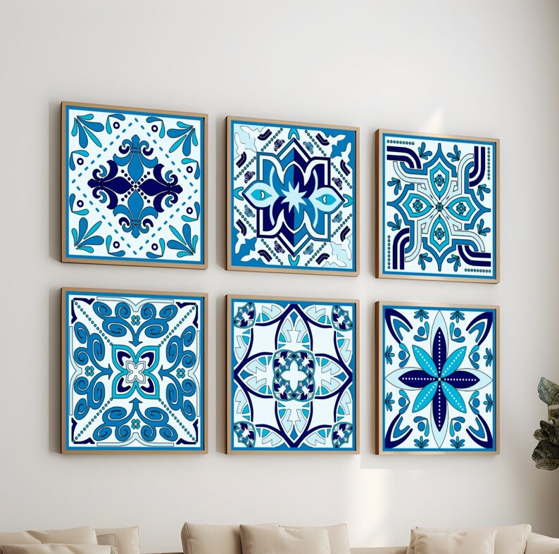 Vintage Blue Tile Wall Poster, Set of 6 Ottoman Style Tiles, Decoration ...