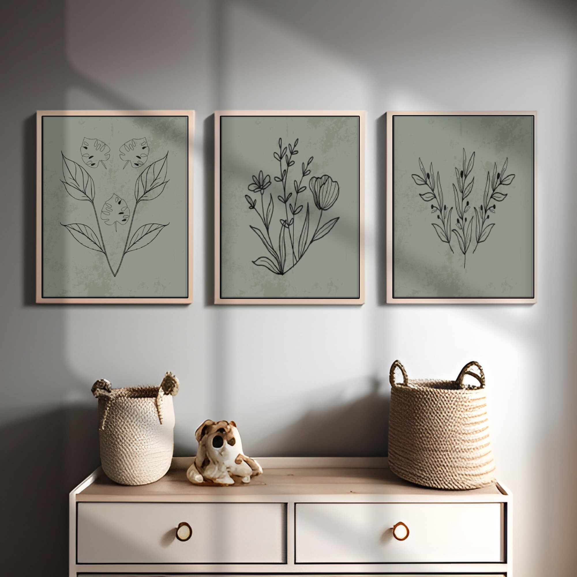 Scandinavian Sage Green Wild Flower Wall Art Black Botanical - Etsy