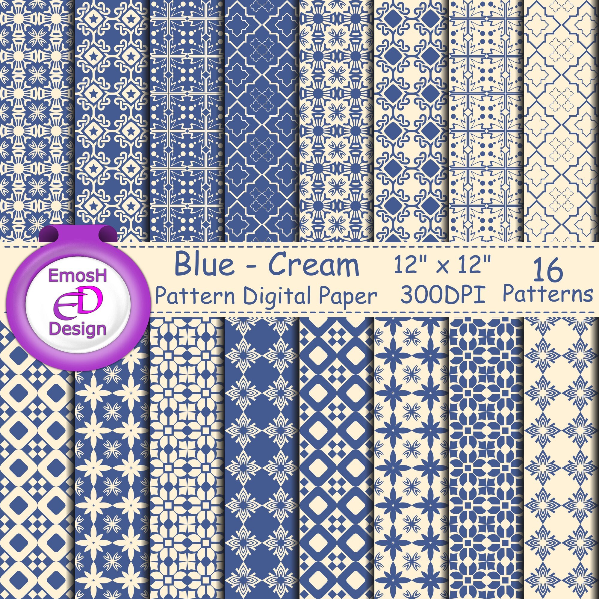 Blue and Cream Pattern Digital Paper, Chevron, Polka Dots, Stripes ...