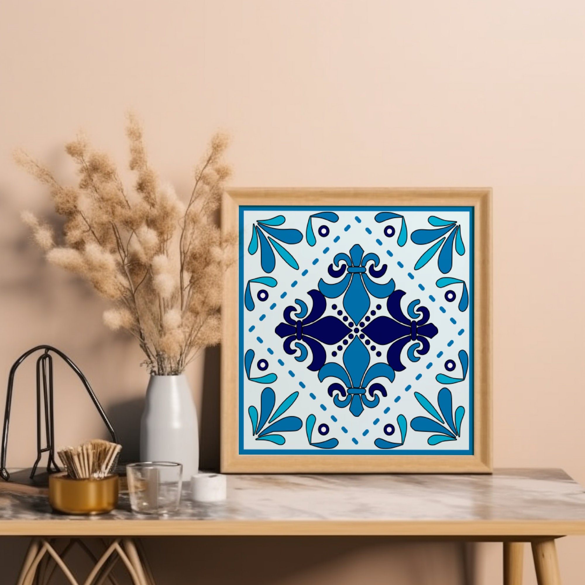 Vintage Blue Tile Wall Poster, Set of 6 Ottoman Style Tiles, Decoration ...