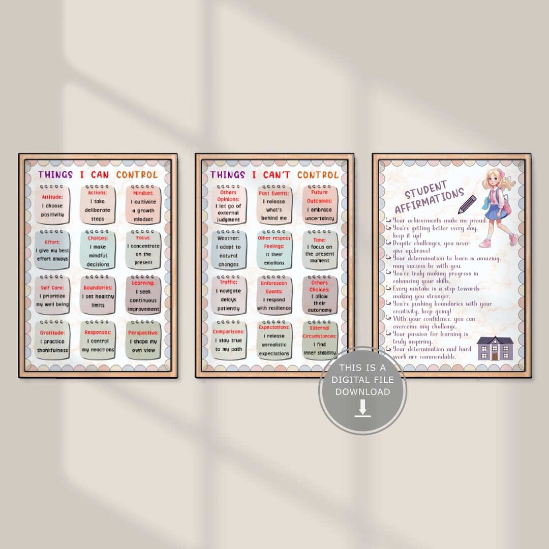 Mental Health Set of 3 Poster, Things I Can Control Wall Decor, Things ...