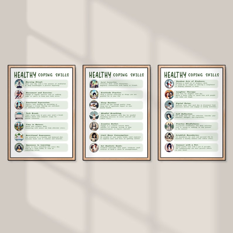 Health Coping Skills Sage Green Poster 3 Set, Therapy Office, Stress ...