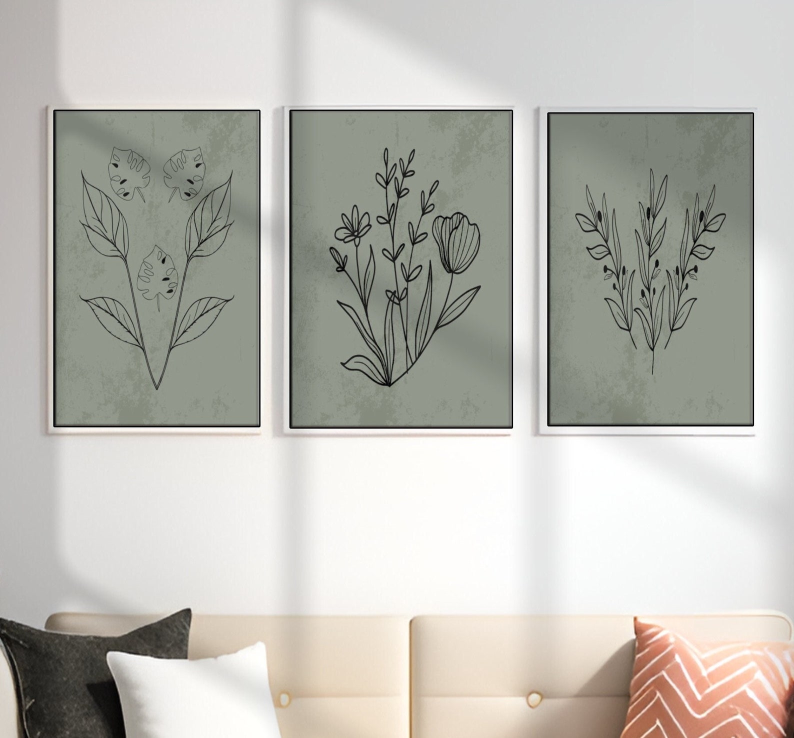 Scandinavian Sage Green Wild Flower Wall Art Black Botanical - Etsy