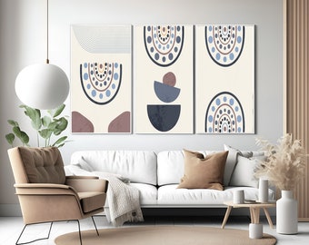 Mid Century Modern Geometric Art Set of 3 Prints, Beige and Navy Blue ...