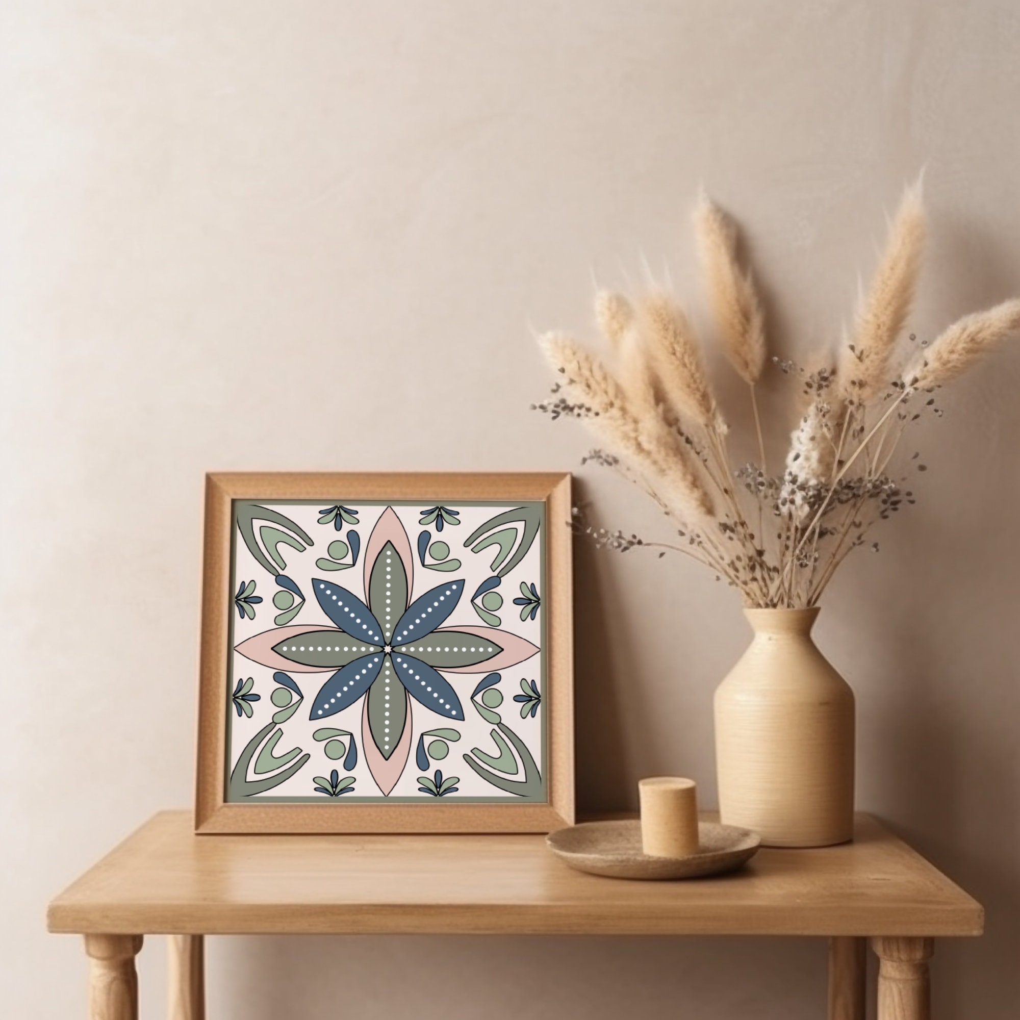 Sage Green and Pink Talavera Ethnic Wall Decor, Digital Tile Wall Decor ...